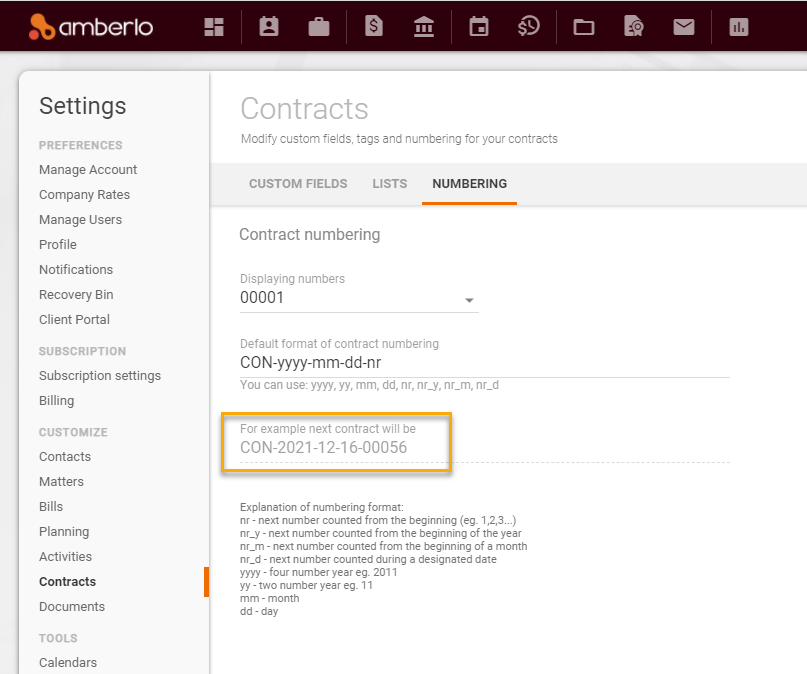 How to set Contracts Numbering Settings?